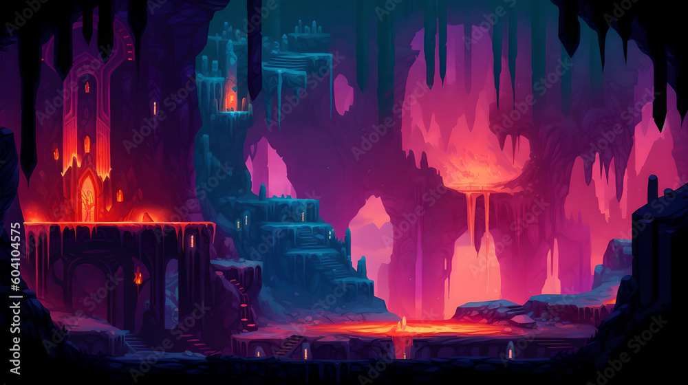 RPG Gaming Battle Scene Volcano Dungeon in Pixel 8bits 16bits 32 bits ...