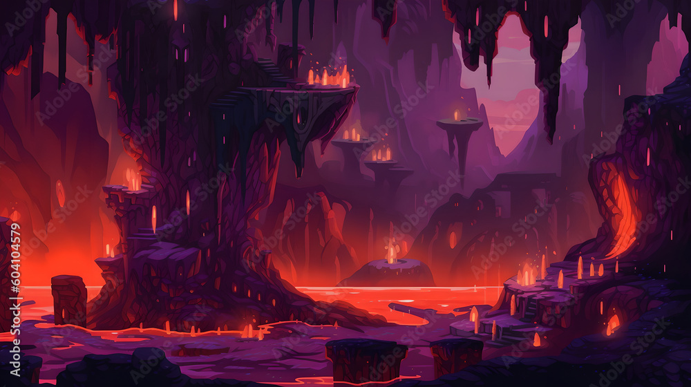 RPG Gaming Battle Scene Volcano Dungeon in Pixel 8bits 16bits 32 bits ...