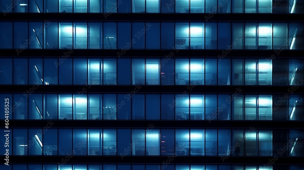 Seamless skyscraper facade with blue tinted windows and blinds at night ...