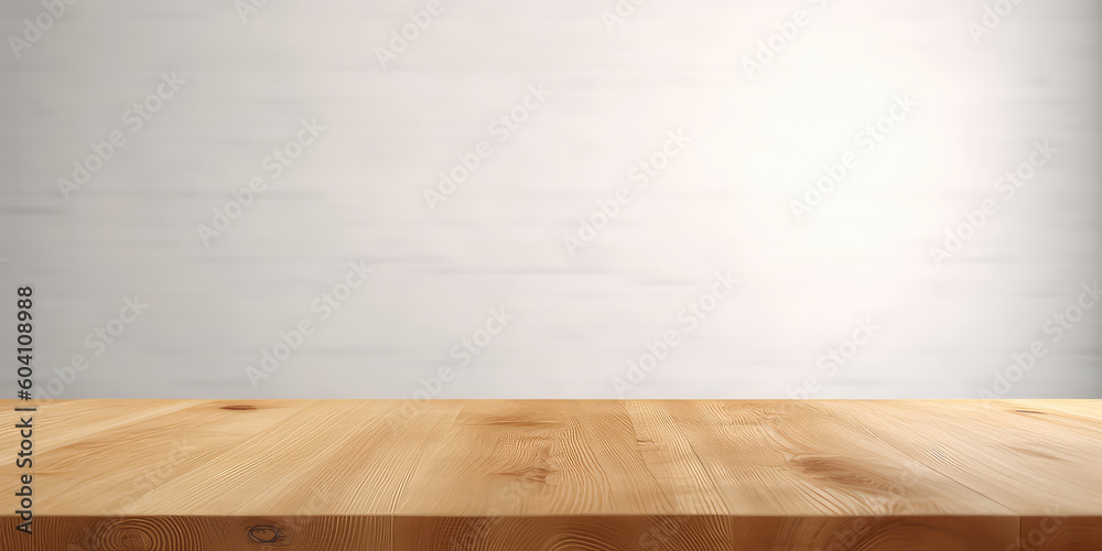 Wooden empty table template, desk mock-up. White background wall ...