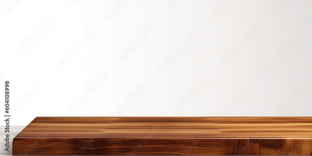 Wooden table template, desk mock-up, minimalizm. White background wall ...