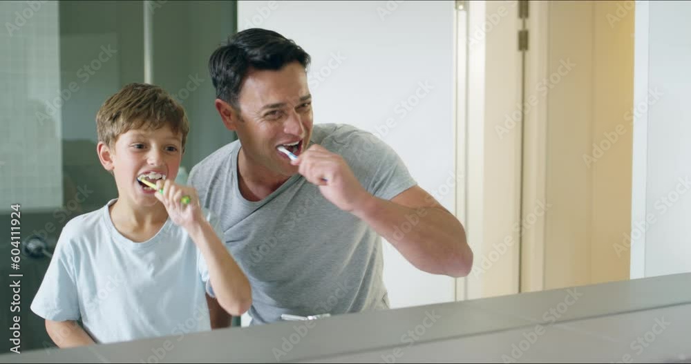 Father, child and brushing teeth, dancing in mirror and happiness in ...