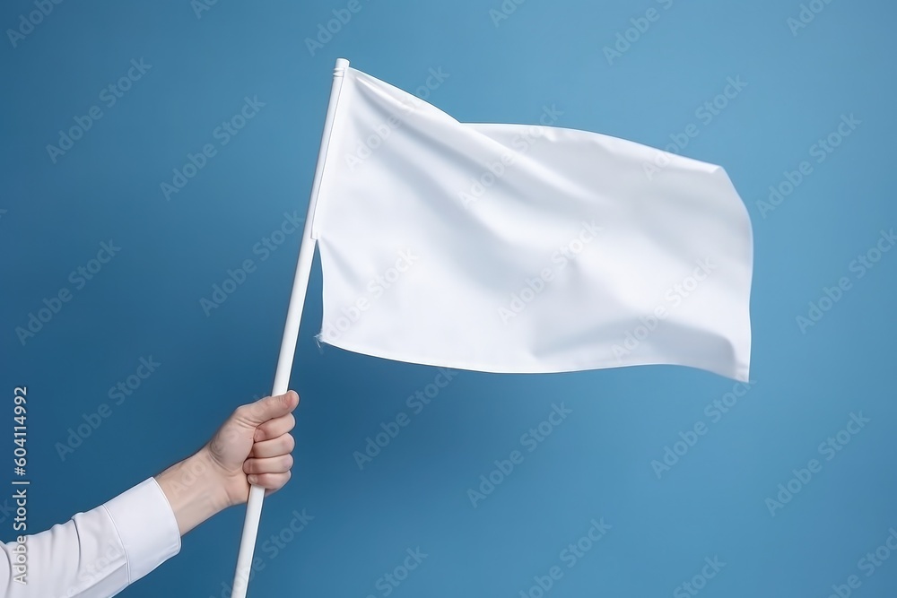 Hand holding white flag, business concept, blue background, digital ...