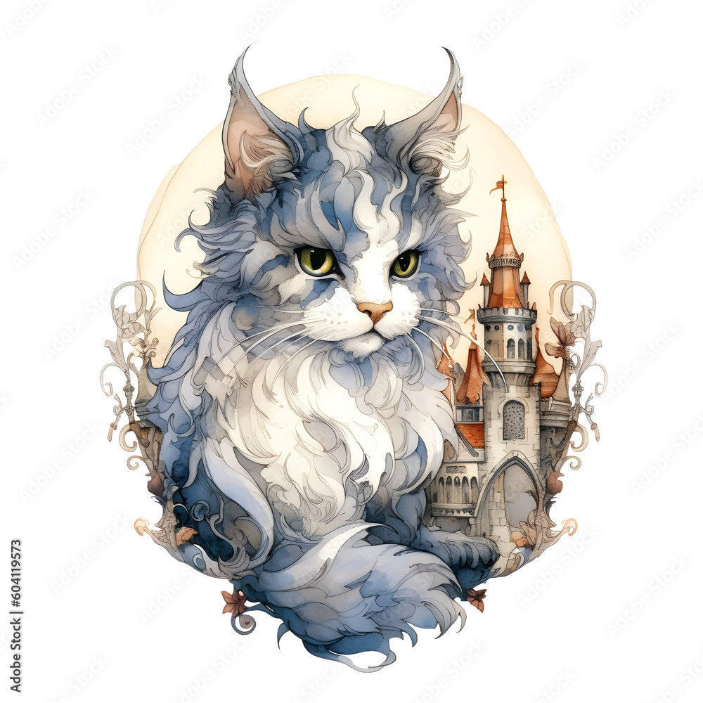 ภาพประกอบสต็อก Gothic Fantasy Cat Watercolor Clipart Illustration, made ...