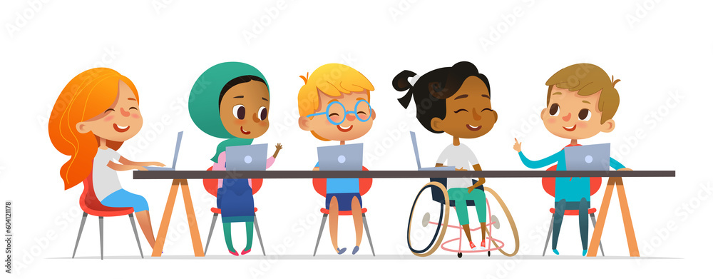 Multicultural children sitting at laptops and learning coding during ...