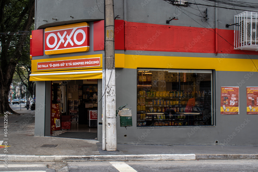 Sao Paulo, Brazil, April 29, 2023. Front view of Oxxo supermarket in ...