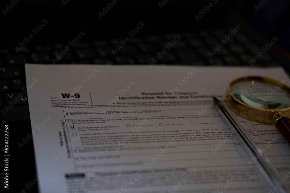 Tax Form W-9 Request for Taxpayer Identification Number and Certification, business concept ...