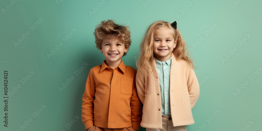 Cute kids smiling together, pop color banner, school design theme ...