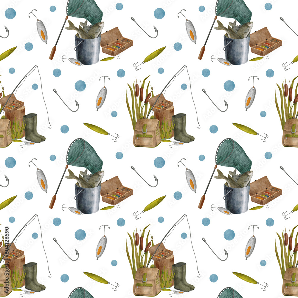 Watercolor fishing seamless pattern. Hand drawn fishing rod, landing ...