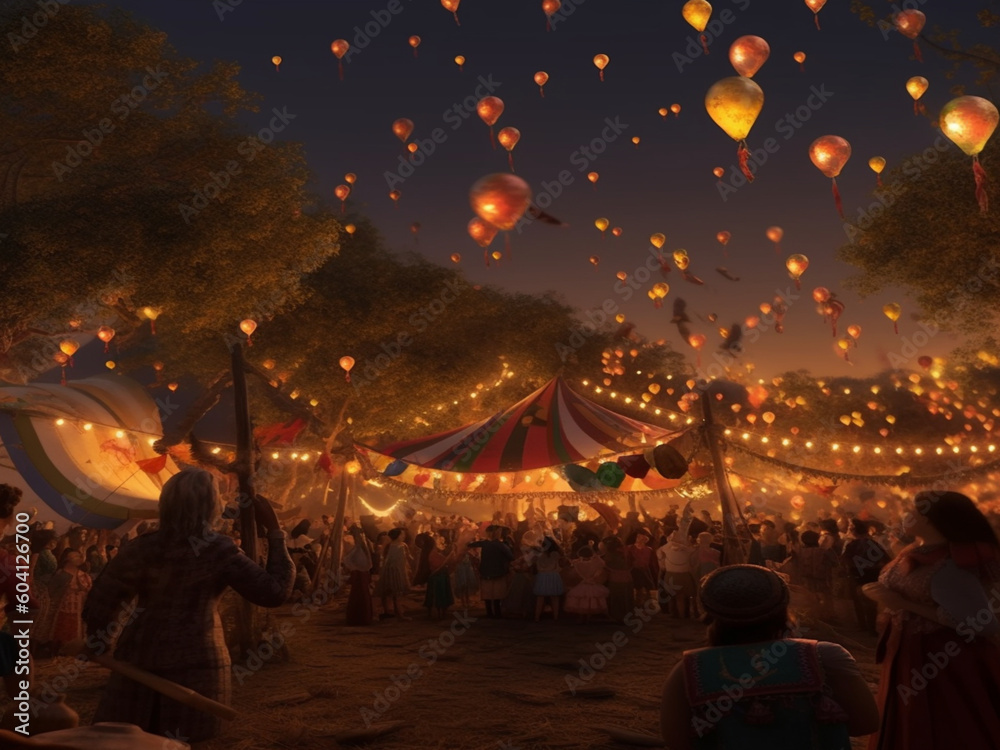 A feast of São João, with many lit balloons from the Festa Junina ...