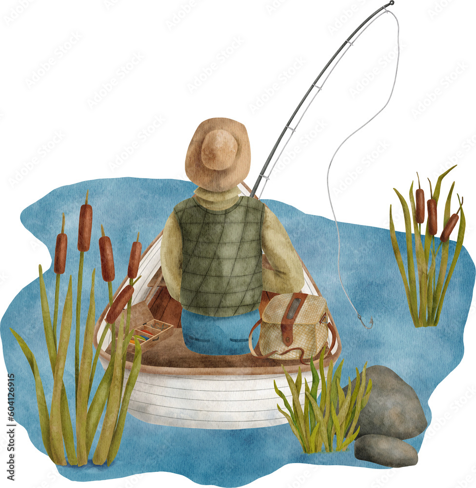 Watercolor fishing scene illustration. Hand drawn fisherman with ...