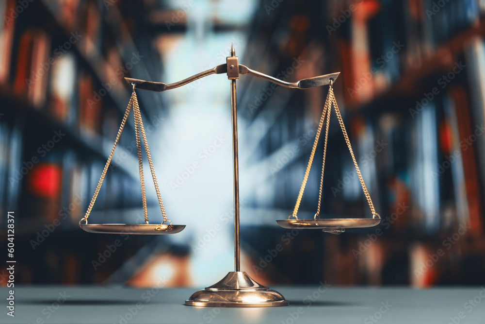 Shiny golden balanced scale in court library background as concept ...