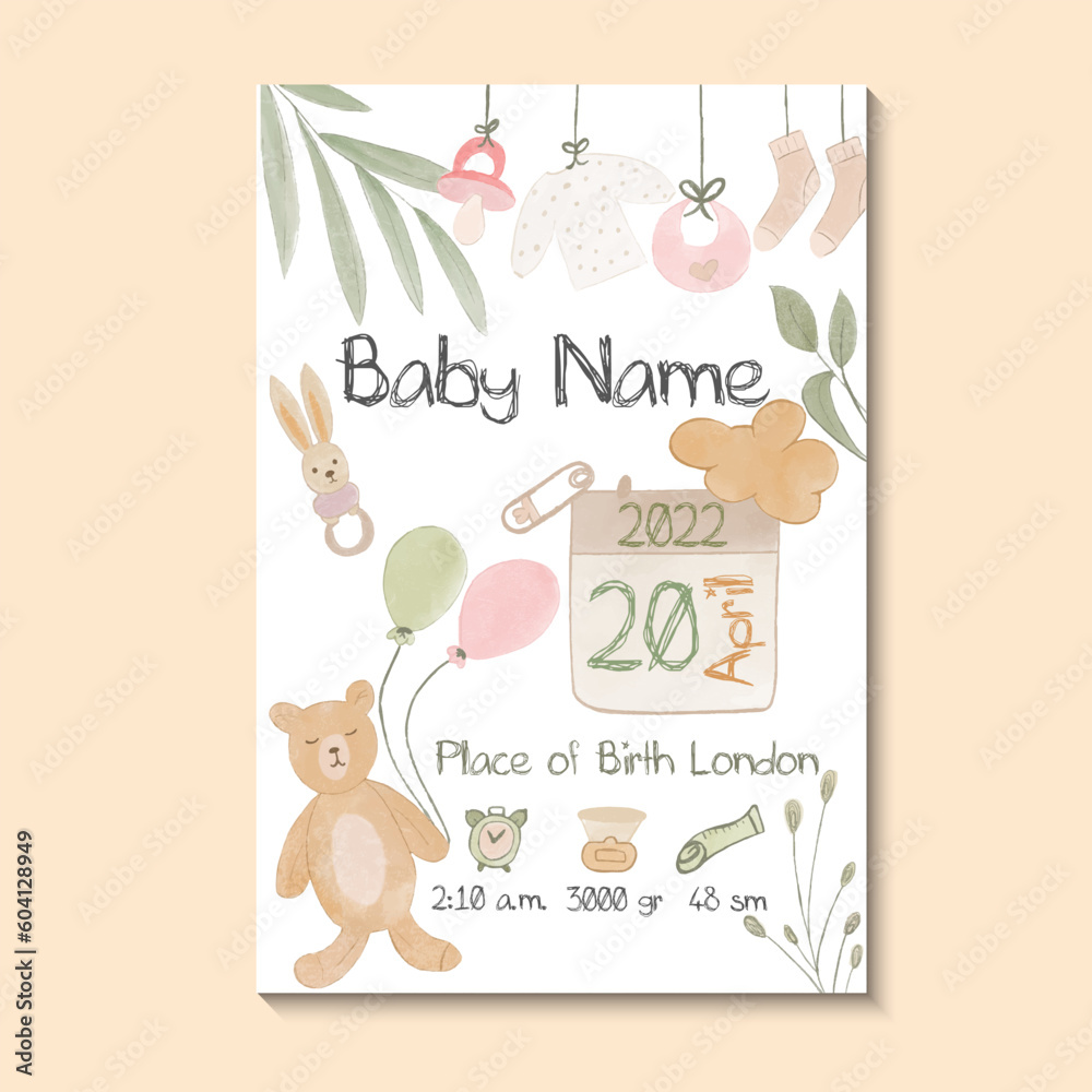 Baby birth poster. Vector illustration of soft colorful teddy bear ...