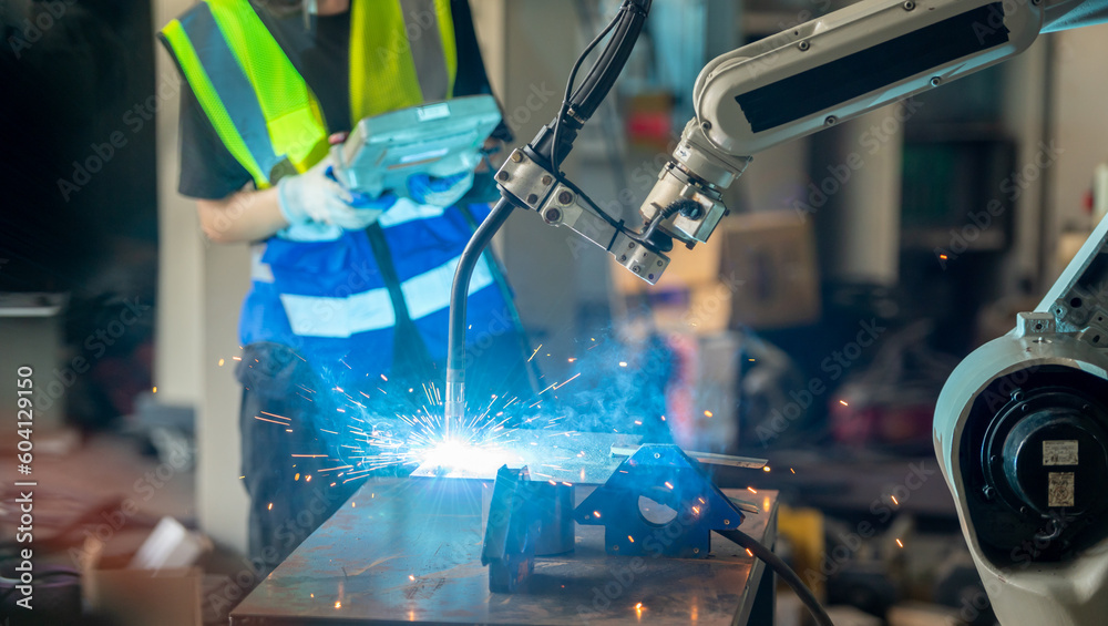 Engineer control robot arm machine welding steel, worker using forcing ...