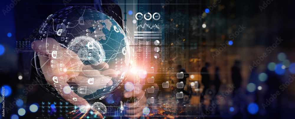 Data science, digital technology concept. Computer science engineer programming on laptop at ...