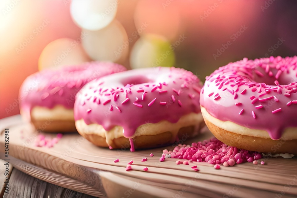 Pink donuts with sprinkles. Sweet food background, freshly baked donut ...