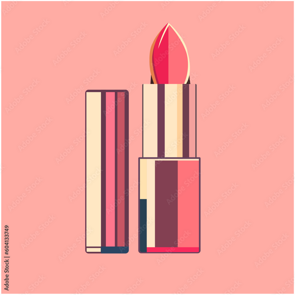 This image features a flat vector illustration of an isolated lipstick ...