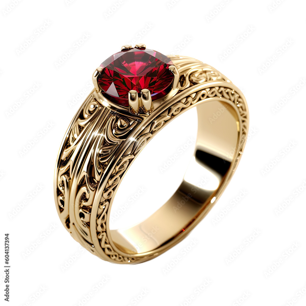 an isolated whole Ruby precious gem, a wedding ring set in a gold ...