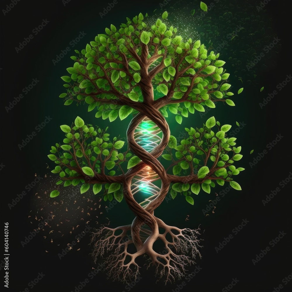 Tree of Life: Glowing Green Leaves Representing Ancestry and Roots ...