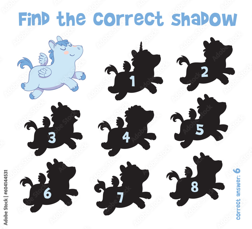 Find the correct shadow. Pony. Educational game for children. Choose ...