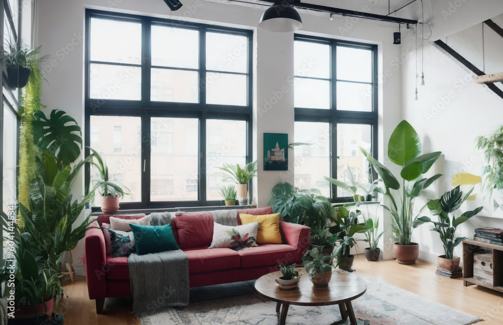 Interior design of a cozy loft living room with big windows, beautiful ...