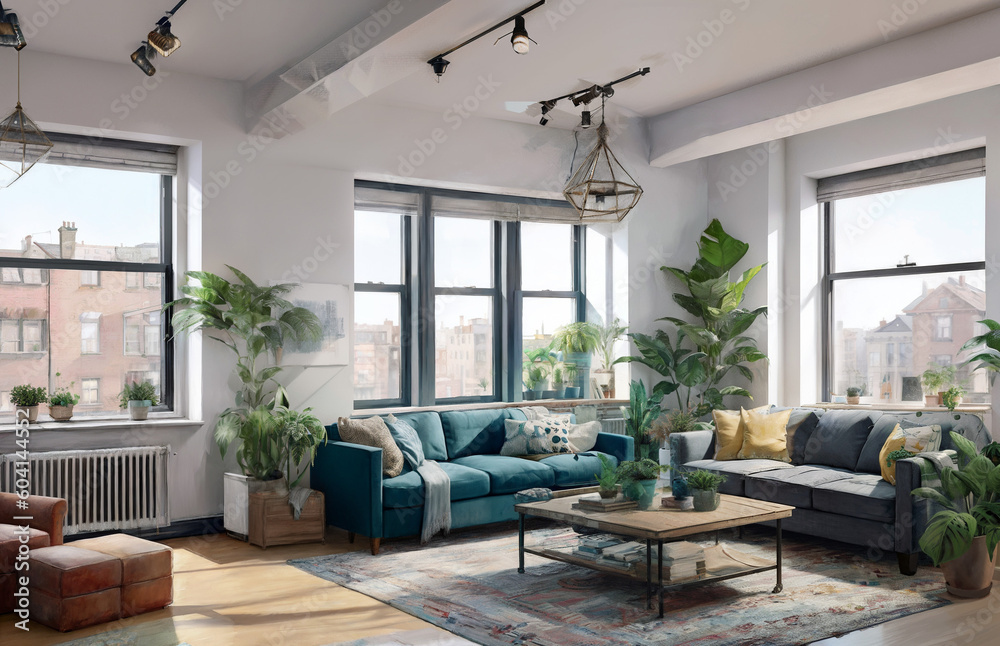 Interior design of a cozy loft living room with big windows, beautiful ...