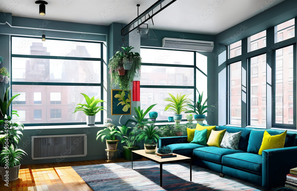 Interior design of a cozy loft living room with big windows, beautiful ...