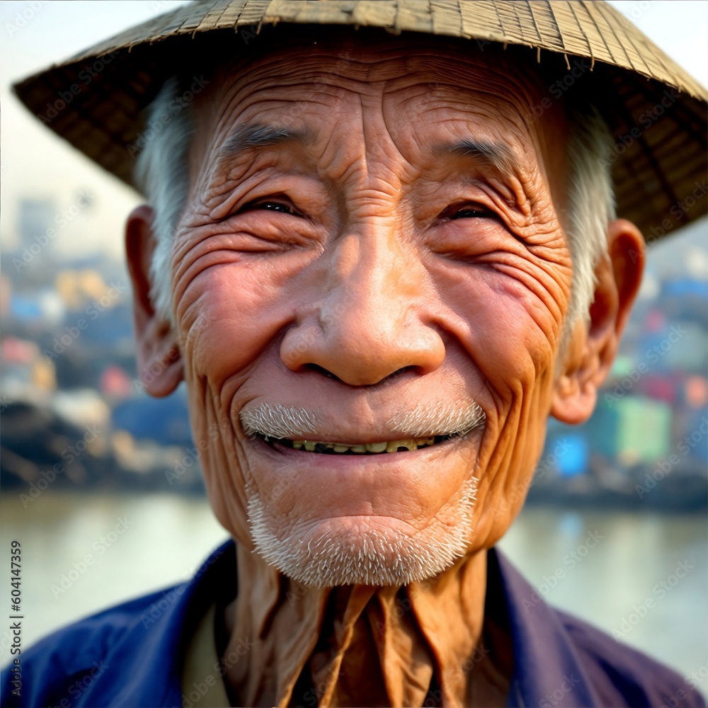 A close-up of an Asia old man's happy face, illuminated by the light of ...