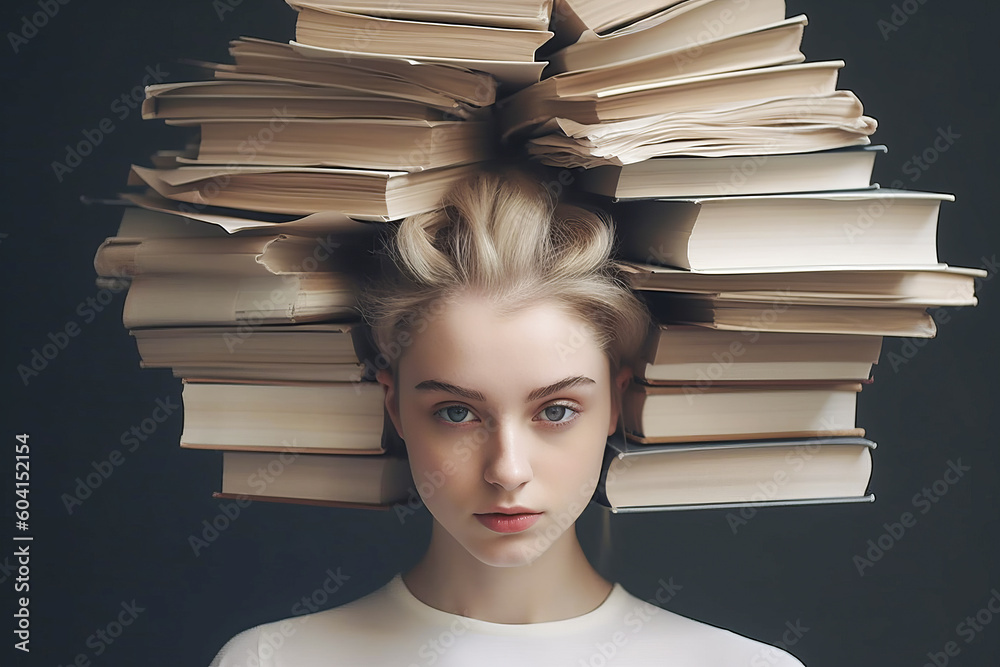 Caucasian Young Woman Balancing Multiple Educational Books on Her Head ...