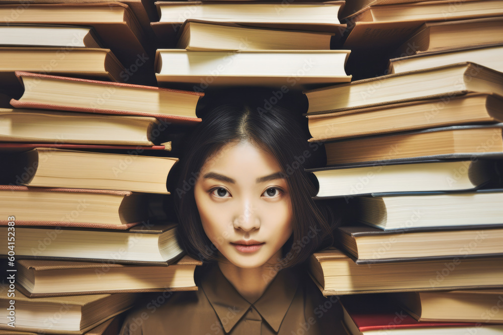 Young Asian Woman Balancing Pile Of Educational Books On Head