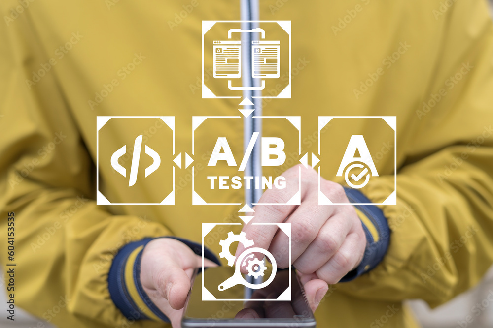 Man using smartphone and virtual touchscreen sees inscription: A/B ...