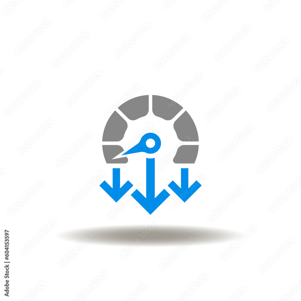 Vector illustration of indicator with arrows down. Icon of reduce meter ...