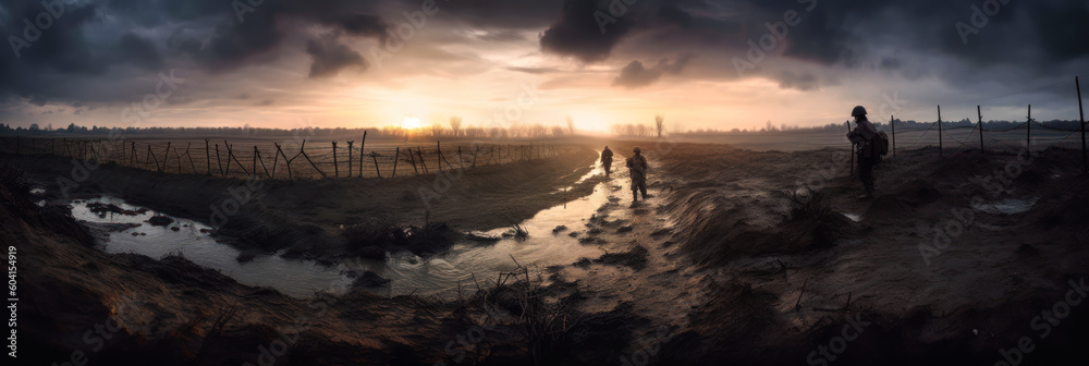 Stunning, emotive image of weary soldiers navigating muddy trenches in ...
