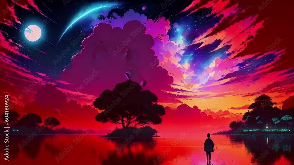 Fantasy world with red gradient sunset. Futuristic cosmic animation ...