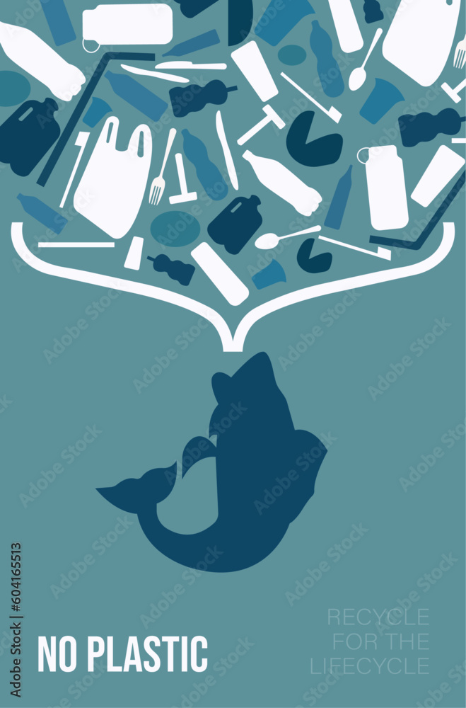 Stop ocean plastic pollution. Ecological poster. Whale composed of ...