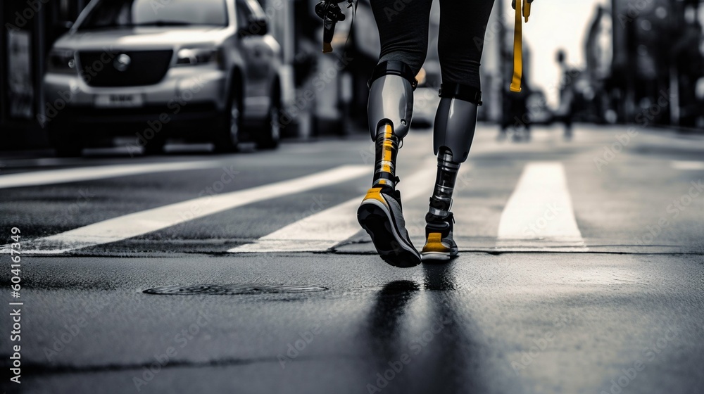 Female legs with bionic prosthesis walking down the street. Generative ...