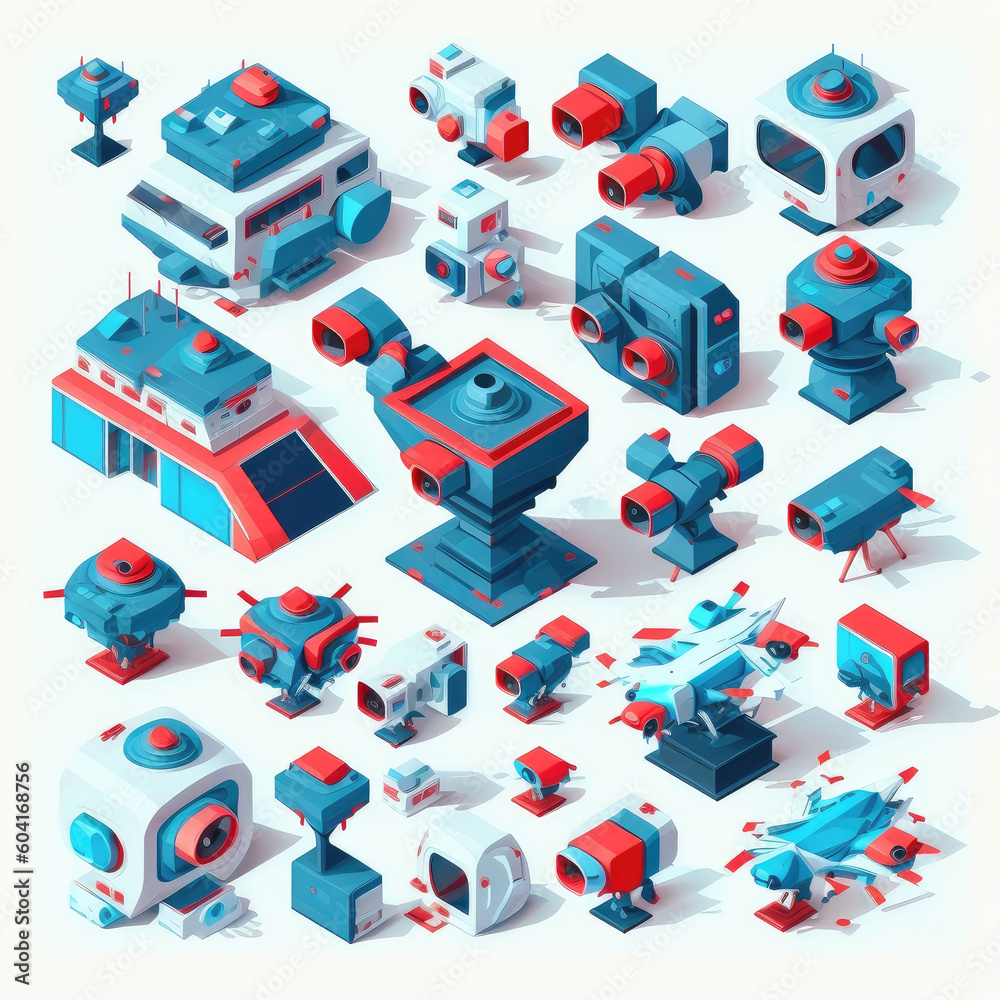 sprite sheet of of isometric vector art, surveillance camera, satellite ...