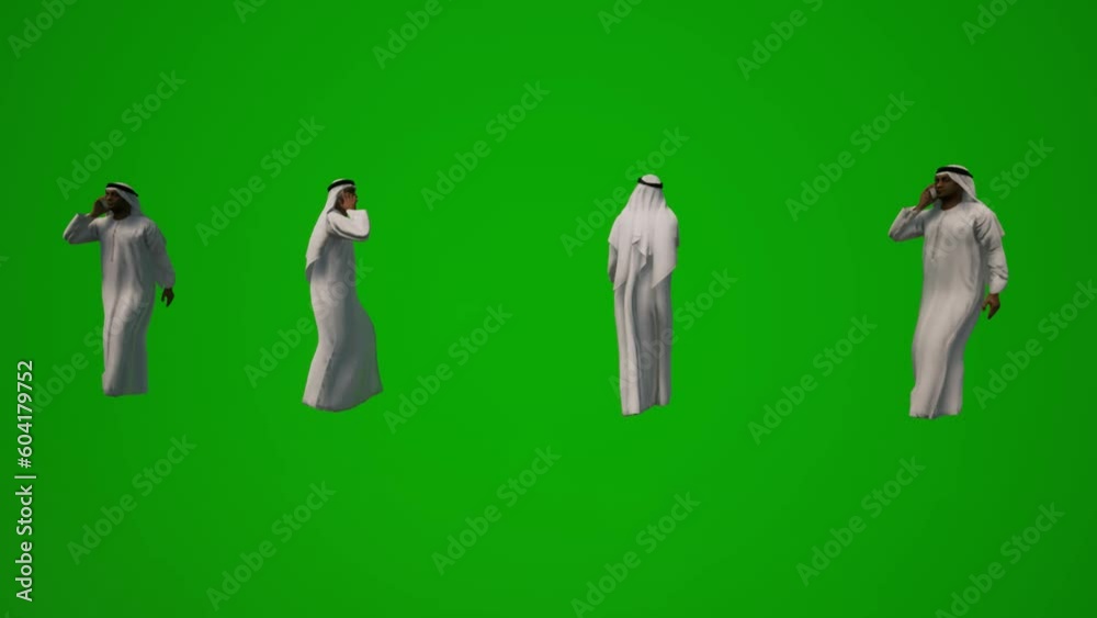 3d several arab sheikhs in different arabic clothes on a green screen ...