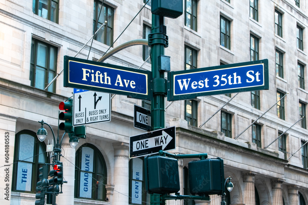 Fifth Avenue and 35th St street sign in New York City, city concept and ...