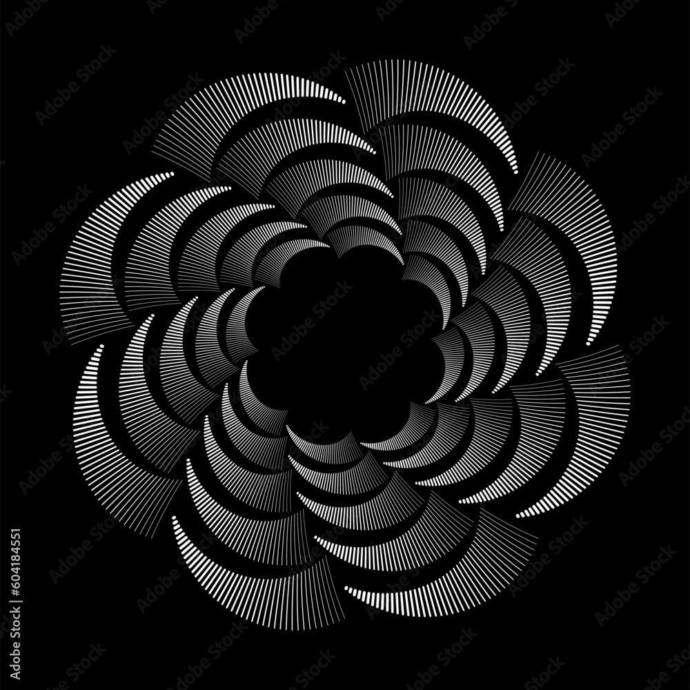 Abstract white rotated lines in circle form. Abstract black rotated ...