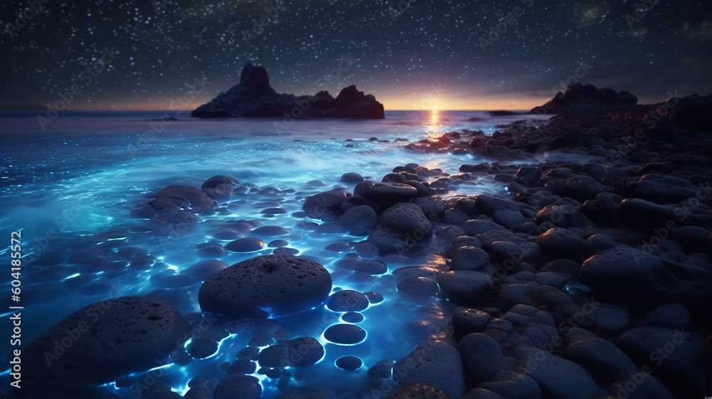 Ocean shore at night, the water is full of dinoflagellates, glowing ...