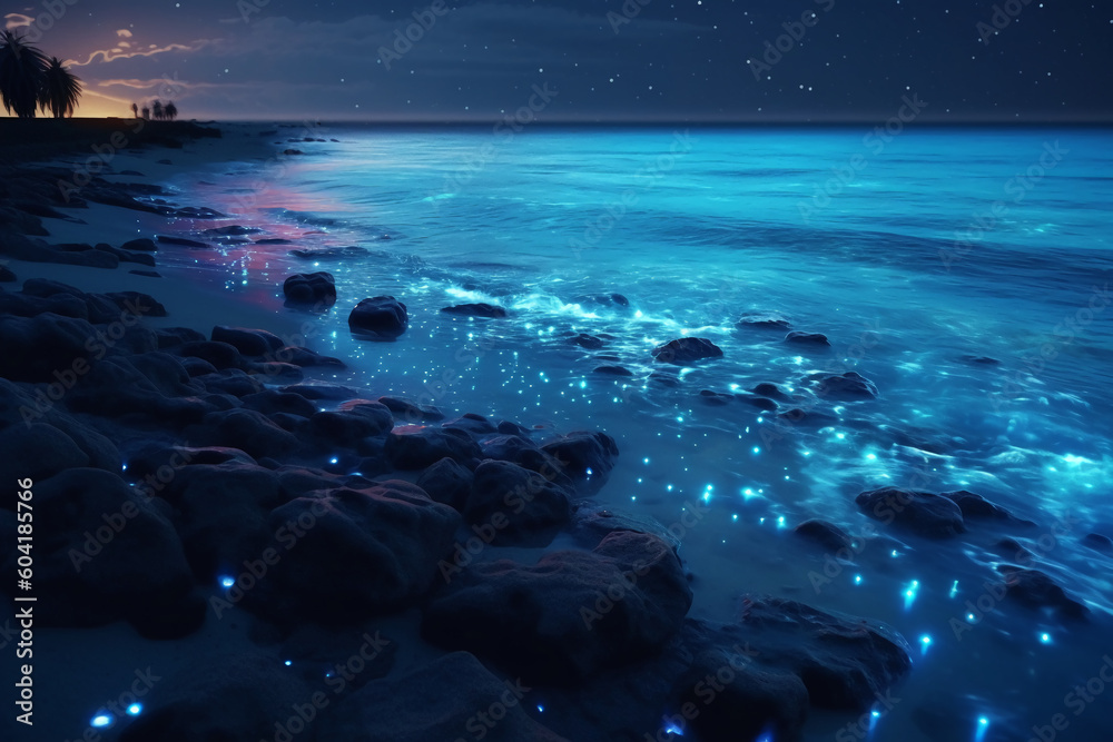 Ocean shore at night, the water is full of dinoflagellates, glowing ...