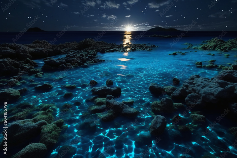 Ocean shore at night, the water is full of dinoflagellates, glowing ...