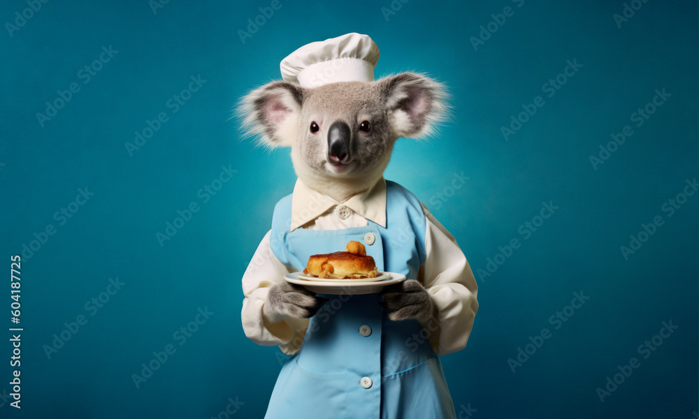 An anthropomorphic koala dressed as a chef with a hyperrealistic hat ...