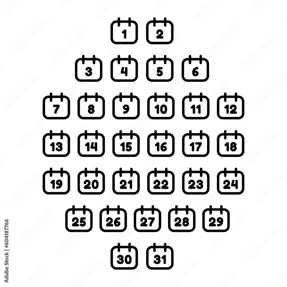 Vector black calendar icons by month dates. Day 1, 2, 3, 4, 5, 6, 7, 8 ...