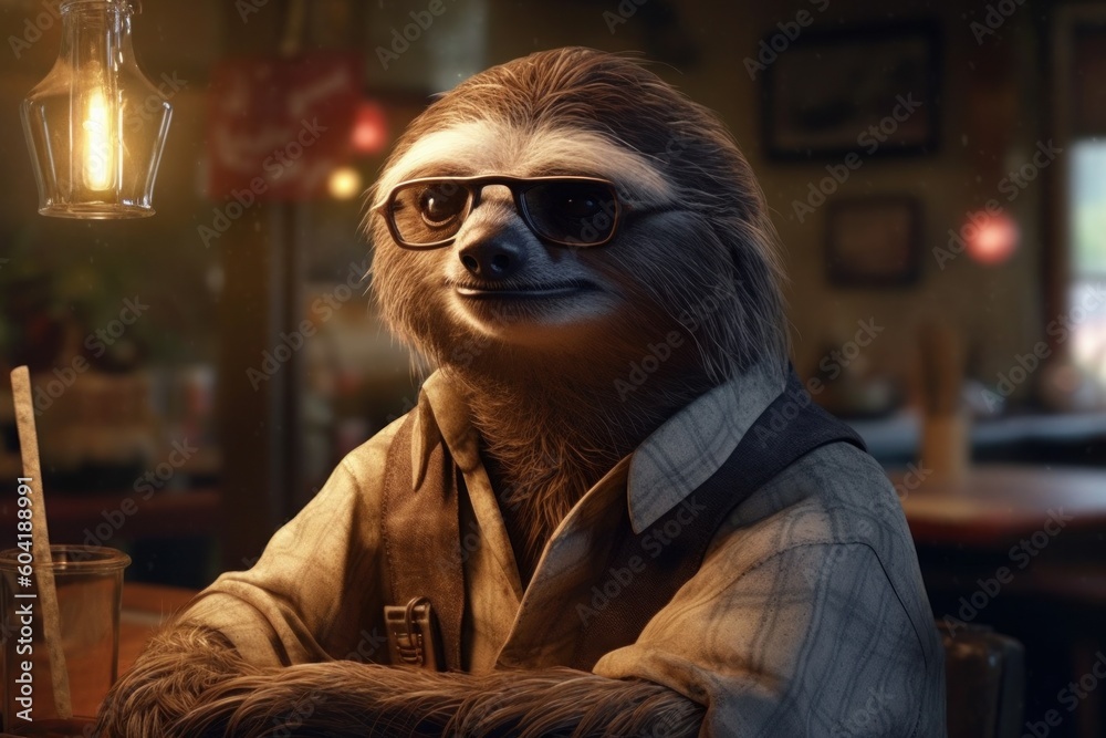 Anthropomorphic sloth in the role of a bartender in a bar or a waiter ...