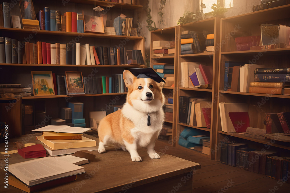 Welsh corgi puppy student with graduation cap , book shelves on the ...