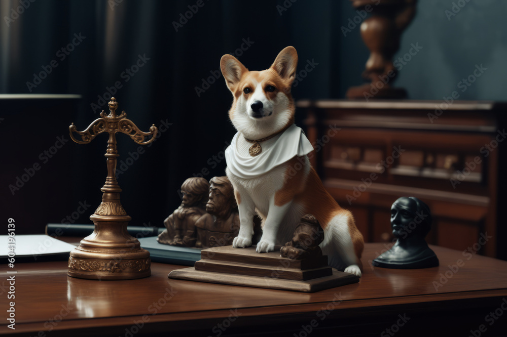 A corgi dog in a tie sits behind on a chair with a judge's gavel on the ...