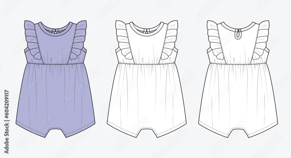 Kids bubble romper front and back view technical flat drawing vector ...