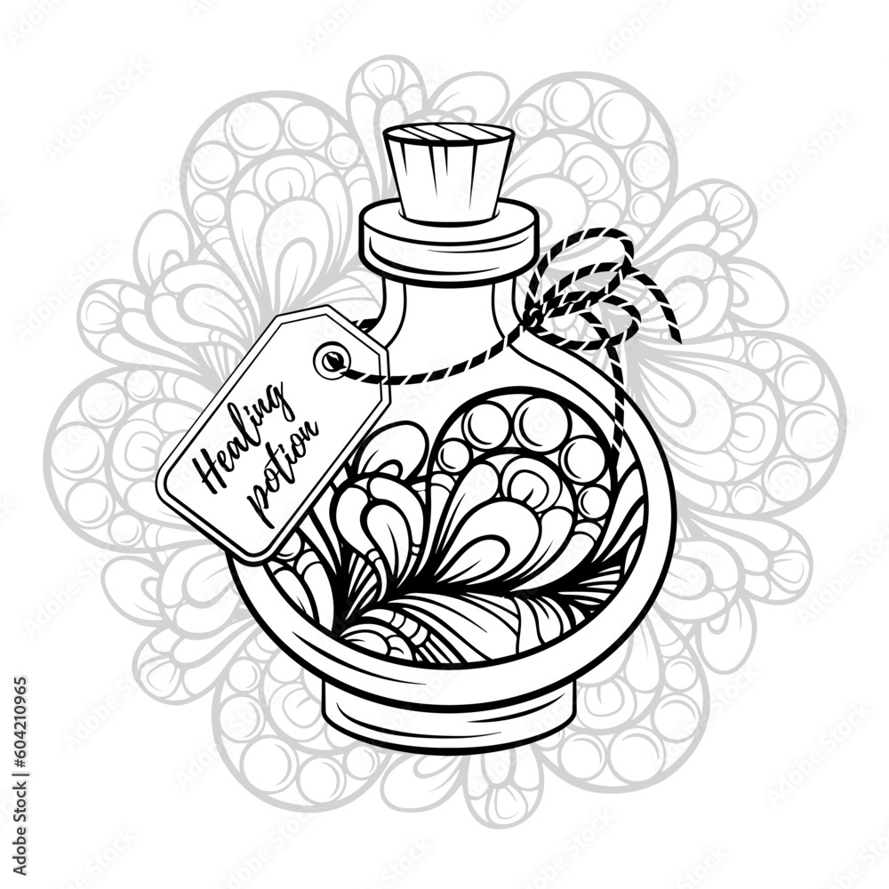 Bottle with magic calming potion. Black and white vector graphic ...